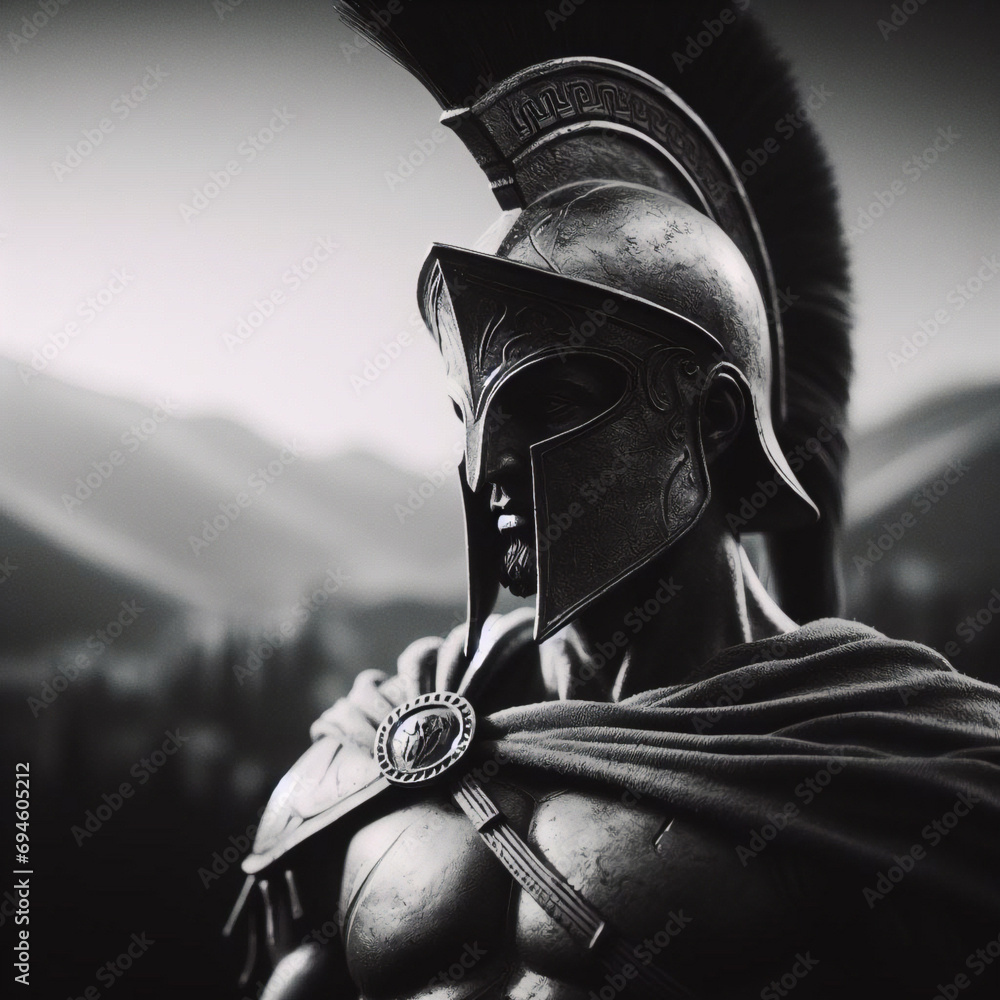 spartan warrior in armor with shield and sword, antique Greek military ...