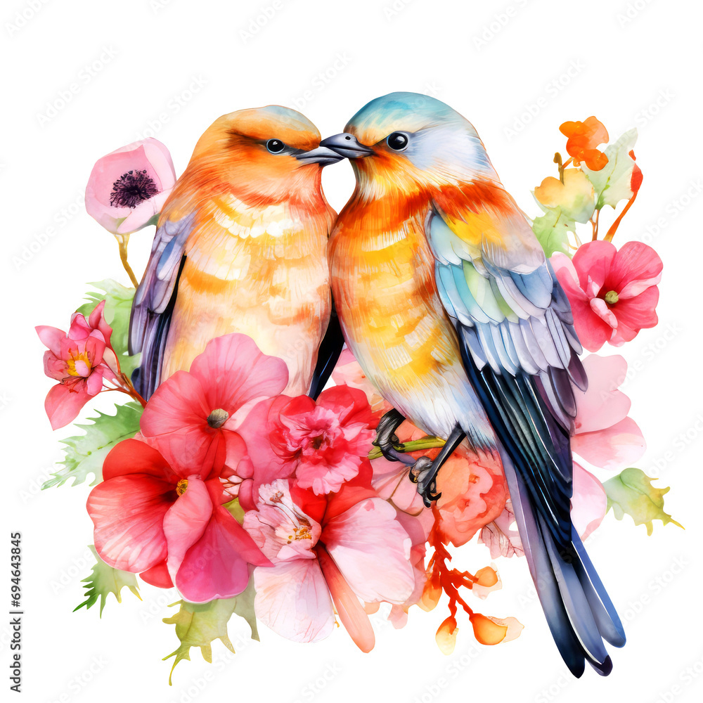 Stock-Illustration „Watercolor couple birds with Cherry blossom Sakura ...
