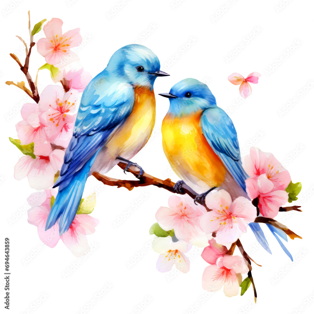 Watercolor couple birds with Cherry blossom Sakura floral Clipart on ...