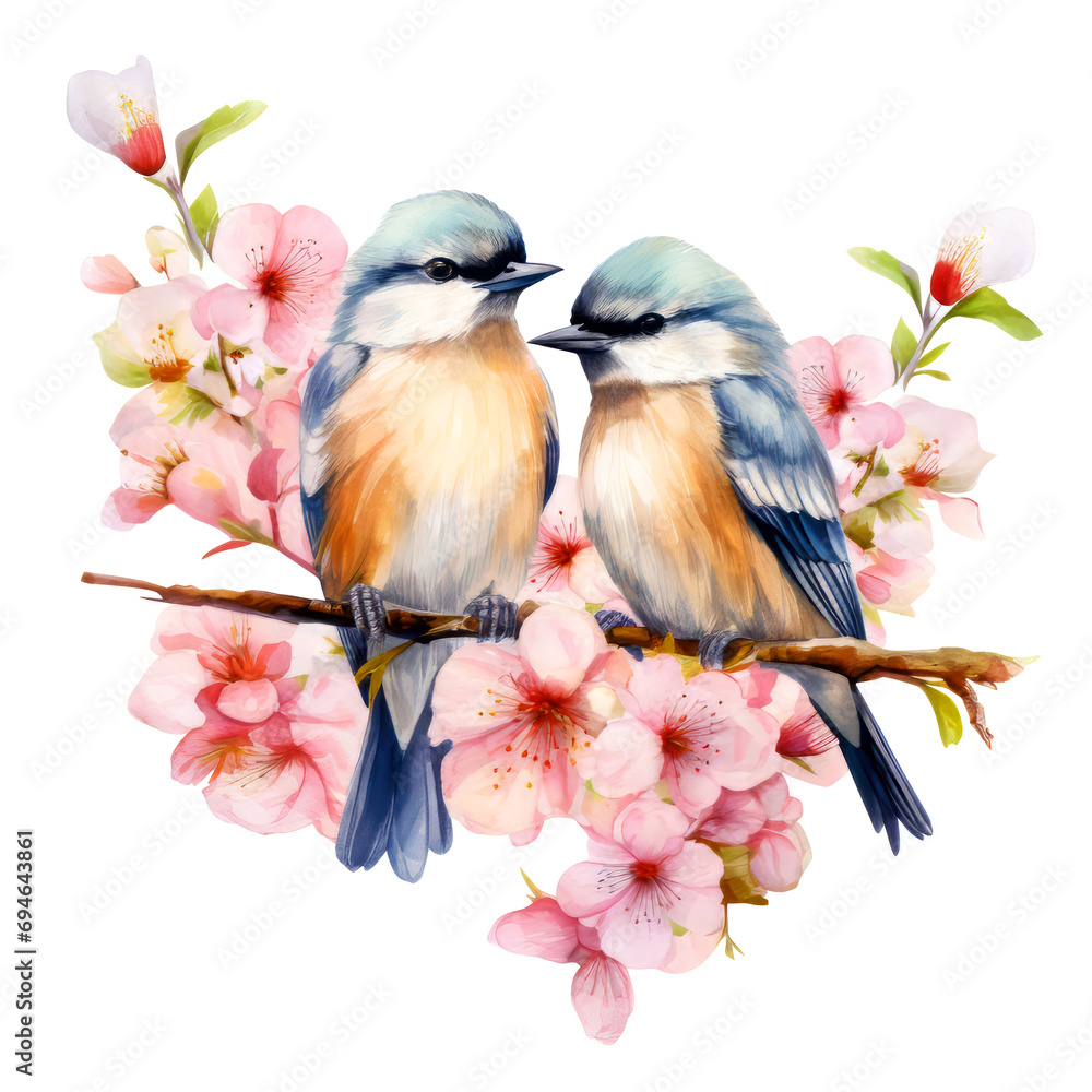 Watercolor couple birds with Cherry blossom Sakura floral Clipart on ...