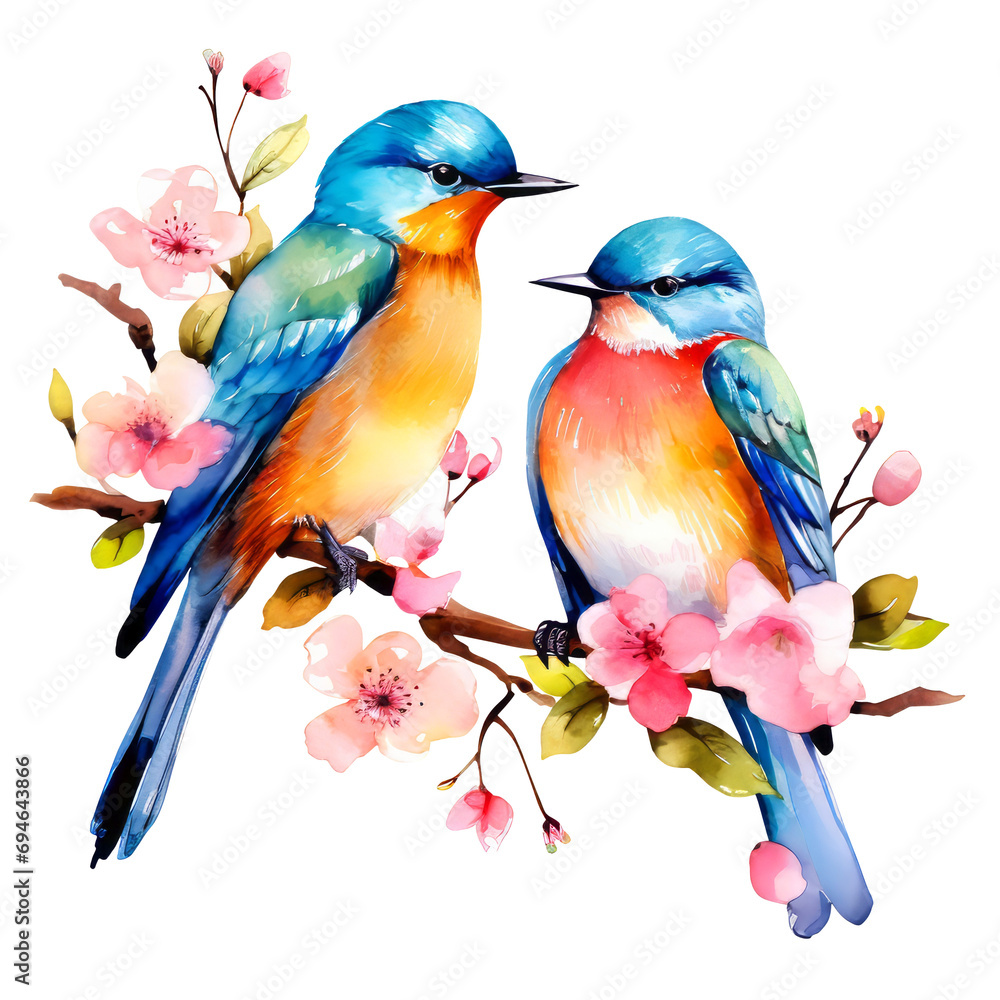 Watercolor couple birds with Cherry blossom Sakura floral Clipart on ...