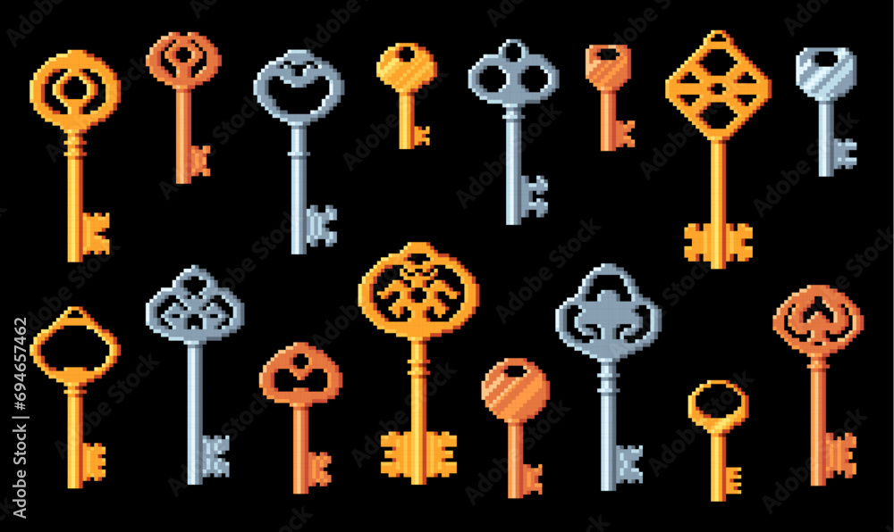 Vintage and modern keys. Pixel art 8bit game icons. Golden and silver ...