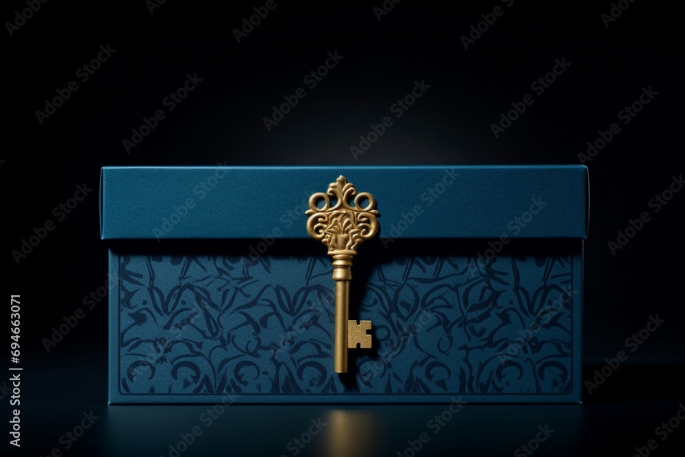 A golden key to a mysterious chest empty magnetic cardboard box with ...
