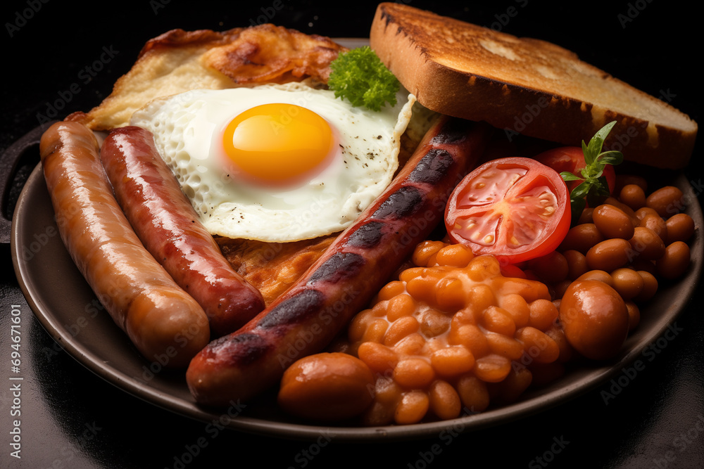 A full English breakfast, consisting of bacon, fried egg, sausage, mushrooms, baked beans, toast ...