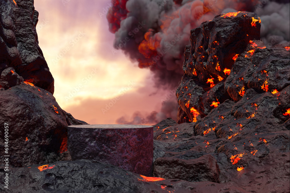 3D render Platform and natural background, Podium lava rocks smelt on ...