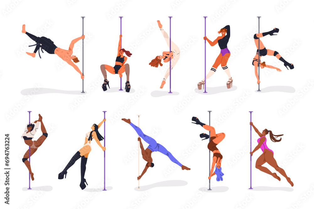 Pole dance poses, moves set. Sexy flexible women, men dancers during poledance, erotic and sport ...