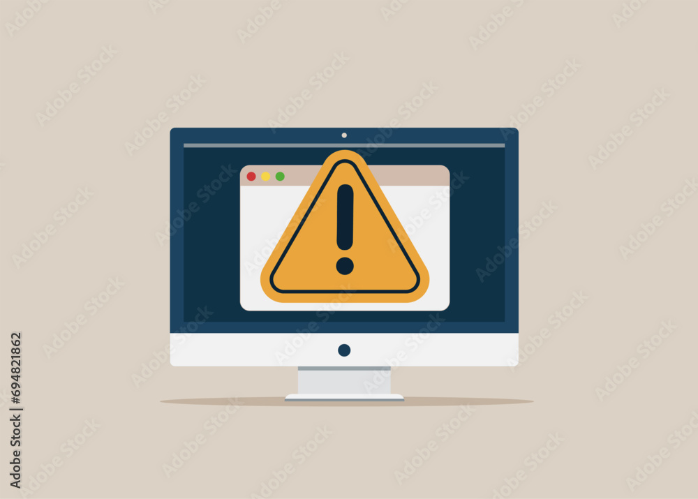 Solving problem, identify risk. Warning sign on screen monitor. Error ... Solving problem, identify risk. Warning sign on screen monitor. Error ...