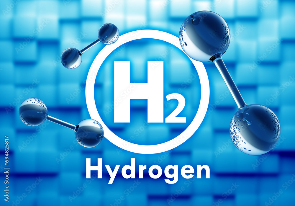 Hydrogen energy. H2 logo. Hydrogen molecules on blue background ...