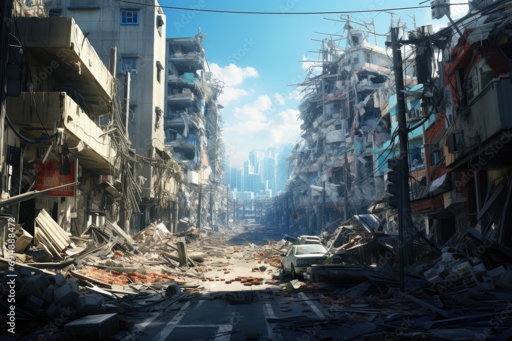 Destroyed city after earthquake. Dramatic scene of the fuming city and burning, Human suffering ...