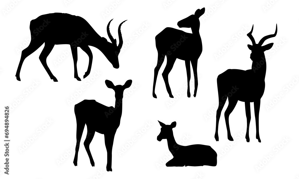 Set of silhouettes of Kob antelopes. Males with horns and females of ...