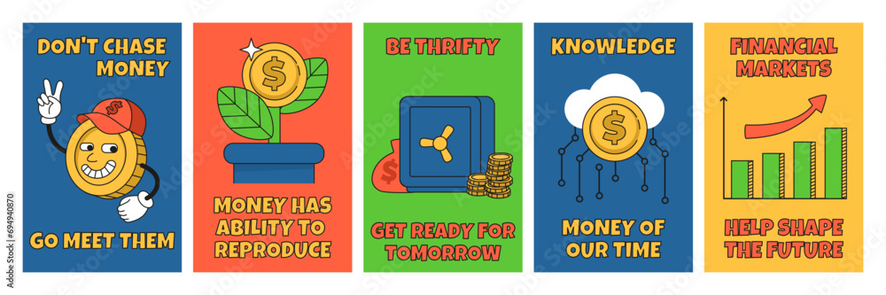 Money posters. Cartoon coin stickers, rich finance characters ...