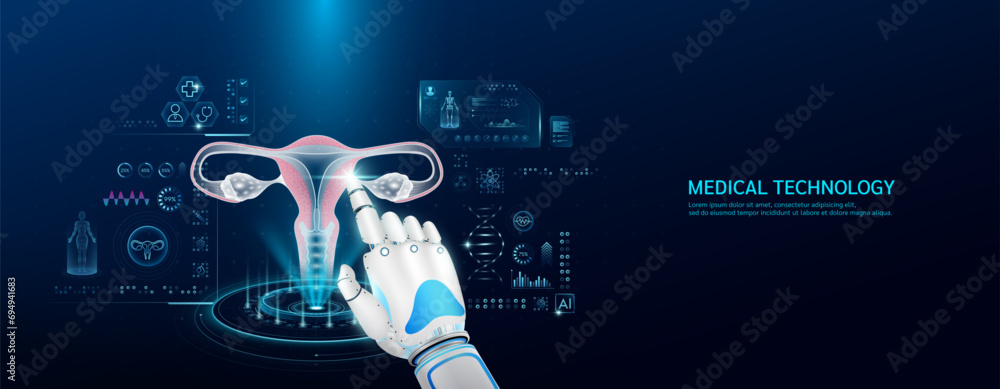 Robot index finger is touching a human uterus. Medical health care with ...