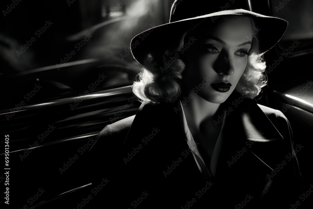Woman wearing a hat and a coat characterized as a classic detective or ...