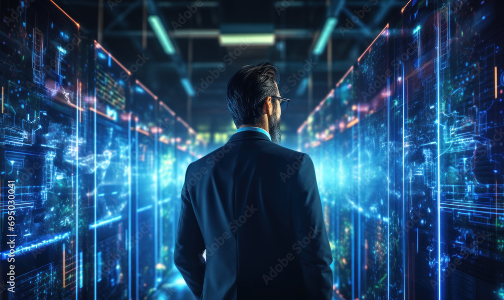 The chief technical director of a big data center stands in a warehouse ...
