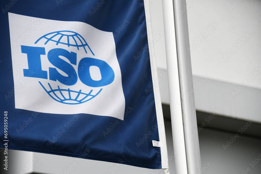 Berlin, Germany - June 6, 2023: Flag with the ISO logo in Berlin ...