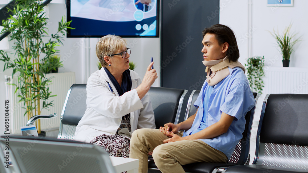 Senior doctor examining asian patient, checking eye vision during ...