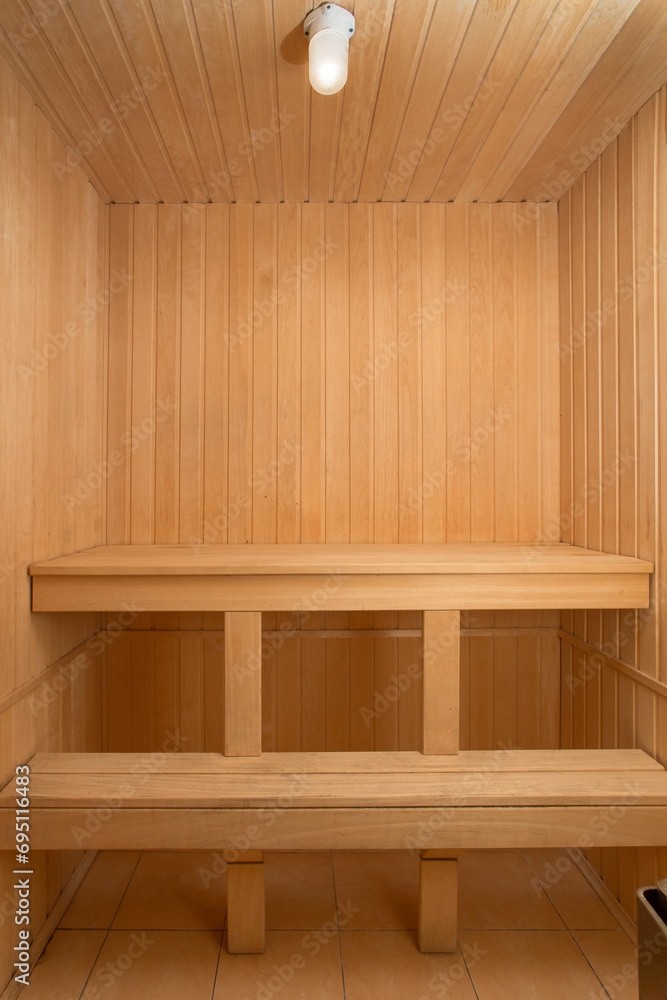 sauna interior. interior of a wooden sauna. wood and warm room. finnish ...