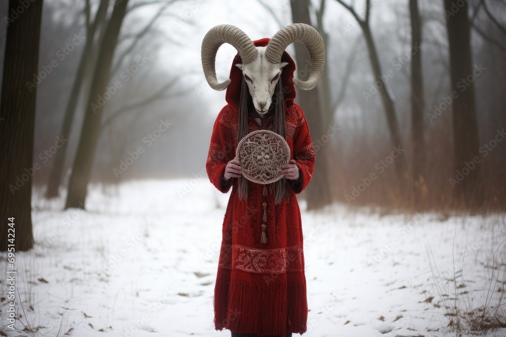 Shaman wearing in horn animal skull and red cloak on blurred winter ...