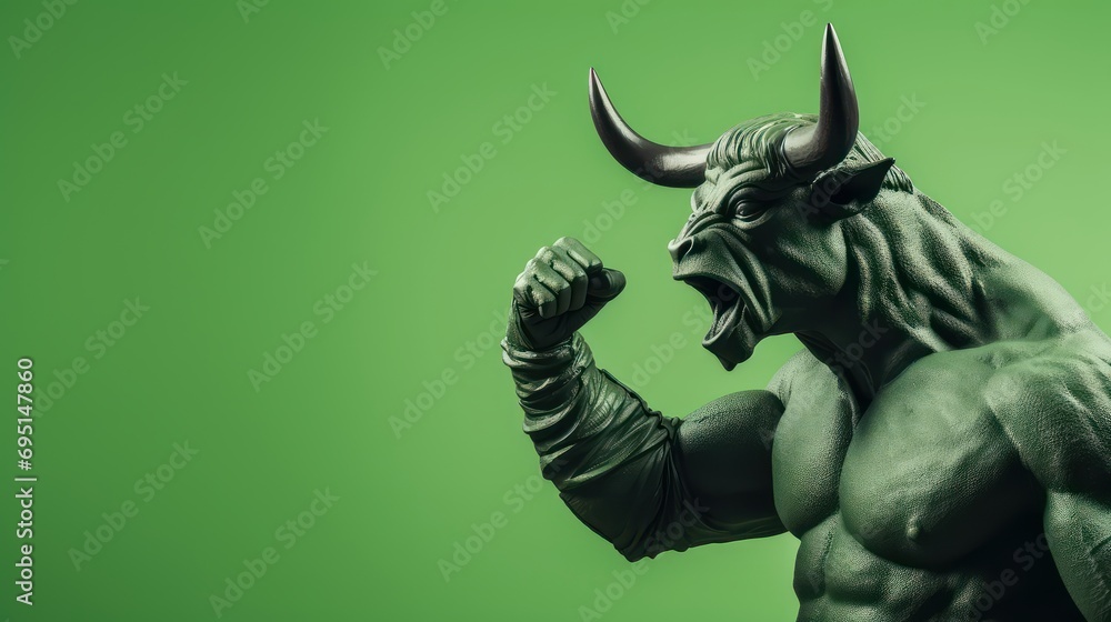 Muscle bull gesture fist pump, bull showing fighting pose on green ...