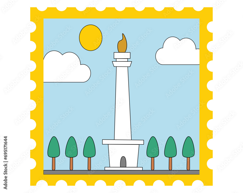 Monument National Jakarta Travel postage stamps. Cartoon style stamp ...