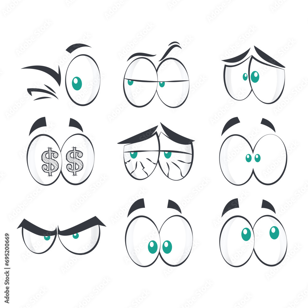 Cartoon faces. Expressive eyes and mouth, smiling, crying and surprised ...