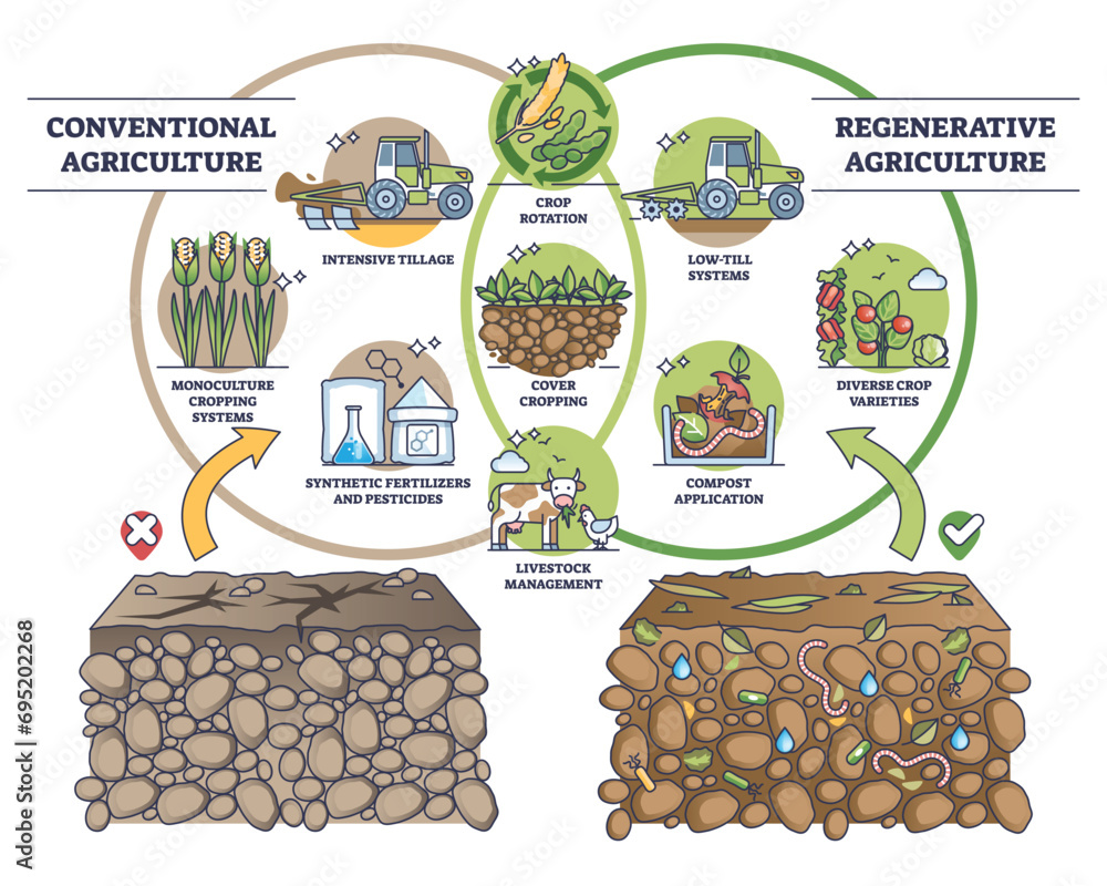 Regenerative agriculture vs conventional soil practices outline diagram ...