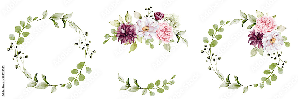Wreaths, floral frames, watercolor flowers pink peonies and roses ...