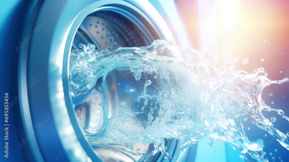 Washing machine drum with water, closeup. Water splash with neon light ...