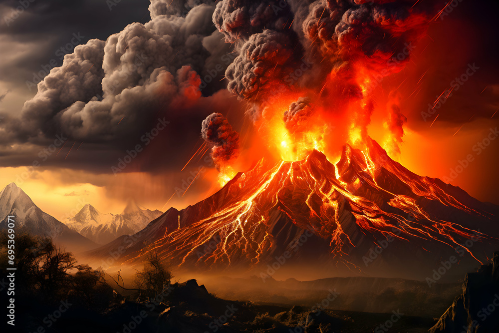 A tumultuous eruption releases fiery streams of lava and billows of ash ...