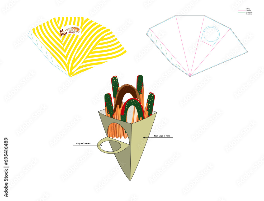 Churros Spanish Cone Box Design And Dieline Packing Stock Vector ...