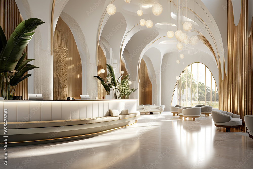 Interior of luxury hotel lobby zone with reception desk and relax zone ...