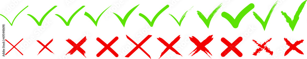 Set of hand-drawn check mark and cross. Consent sign, checkmark, ok and ...