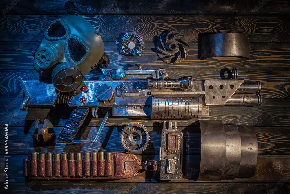 Sci fi post apocalypse pump shotgun and gas mask on the survivor table ...