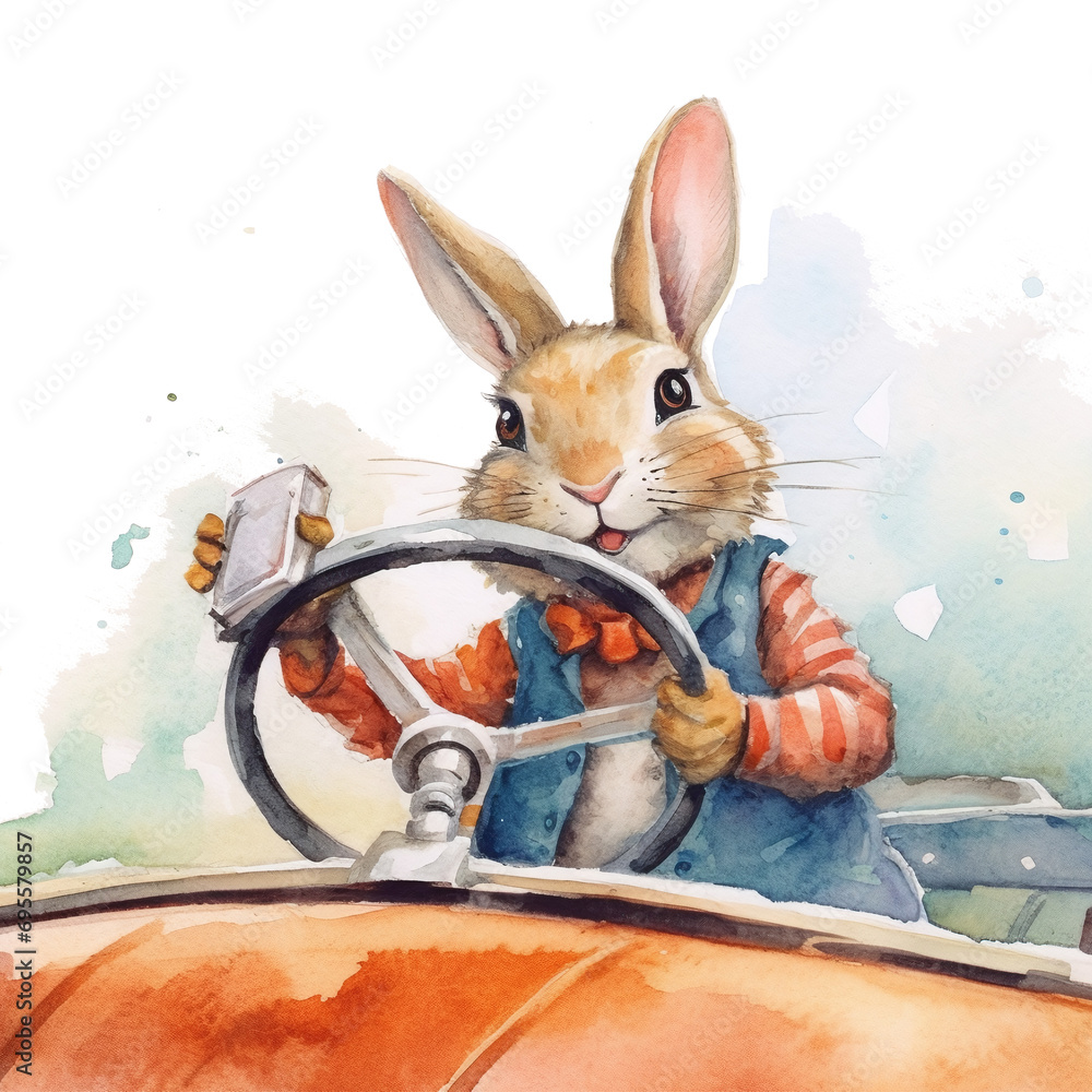 easter bunny driving a car painting in watercolor design isolated ...
