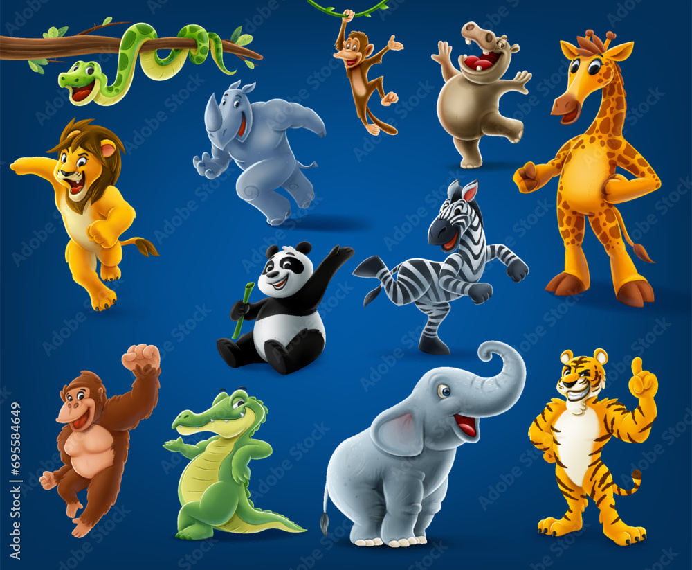 set of cartoon animals lion tiger zebra elephant crocodile gorilla rhinoceros snake panda ...