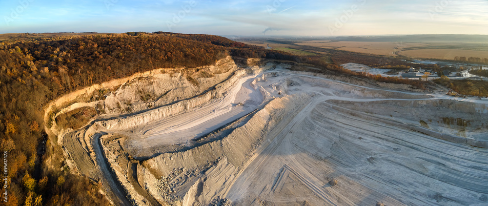 Aerial view of open pit mining site of limestone materials for ...