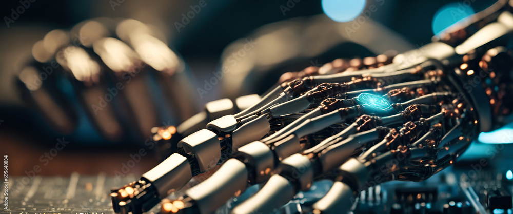 Digital Touchpoint: Futuristic Cybernetic Hand in a Dark Metallic ...