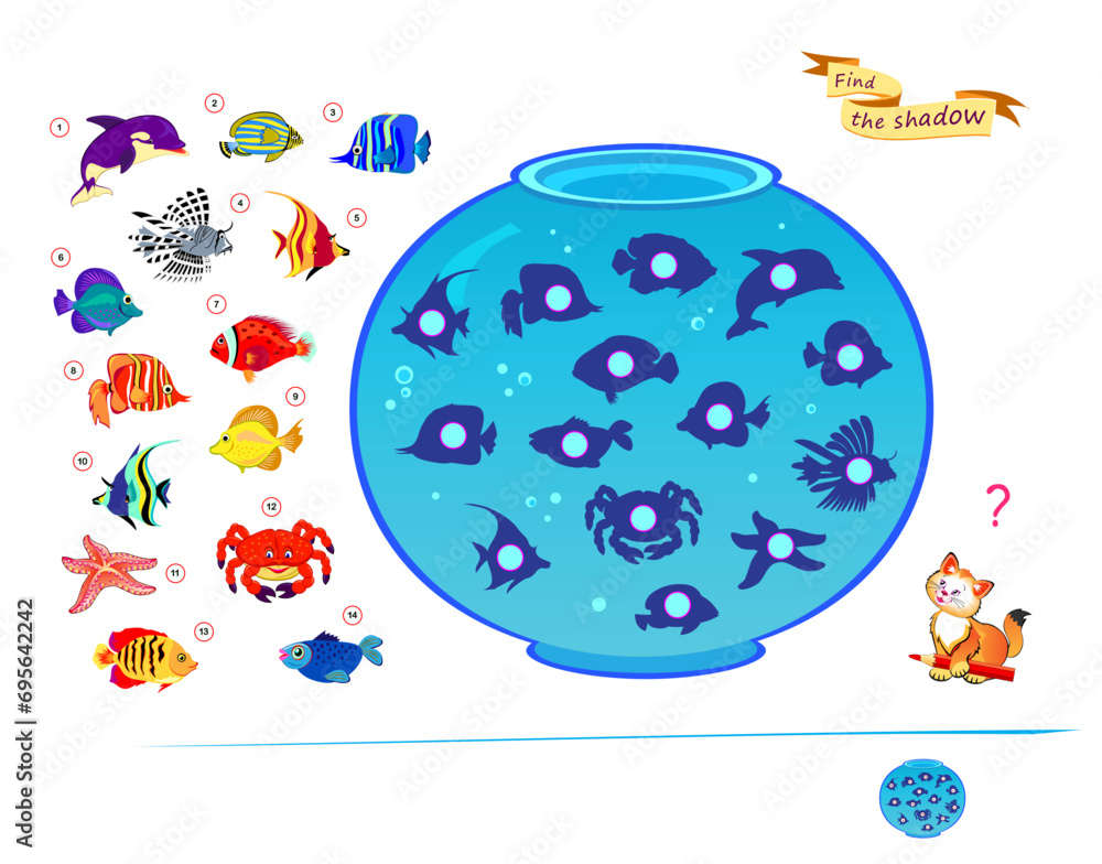 Best puzzles for kids. Can you find the shadow from each fish? Write ...