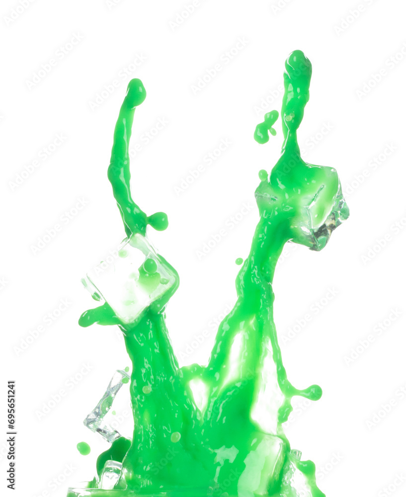 Green Matcha Milk Tea pour fall down, explosion in air with ice cube ...