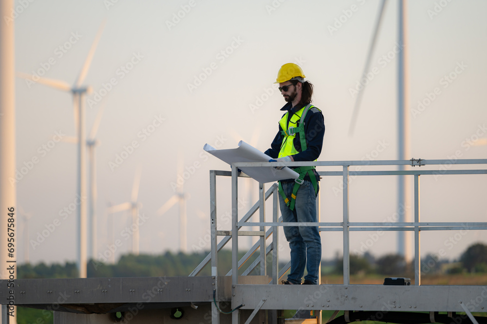 Engineer at natural energy wind turbine site with a mission to climb up ...