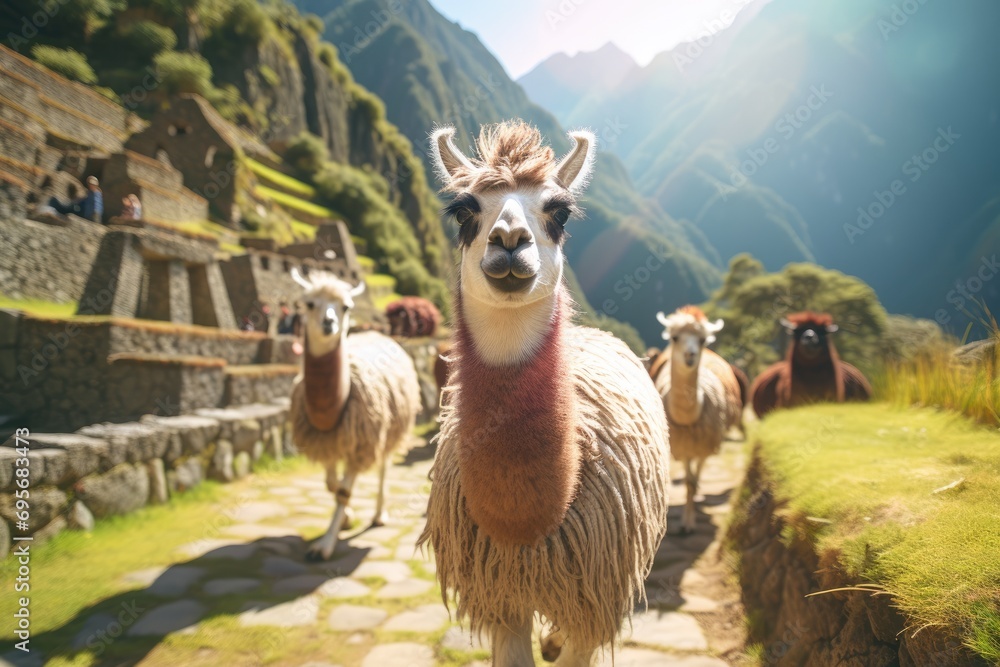 Andean Llamas in Machu Picchu: Llamas peacefully grazing amidst the ...