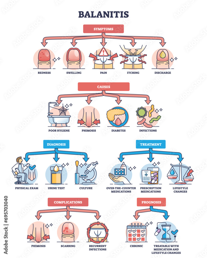 Balanitis foreskin infection and male penis inflammation outline ...