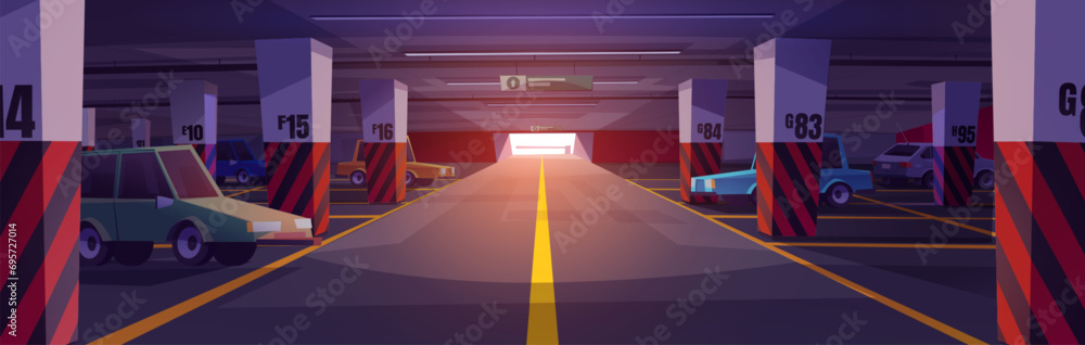Underground parking with retro cars. Vector cartoon illustration of ...