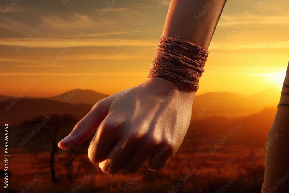 A close-up image of a woman's hand with a rope tightly wrapped around ...