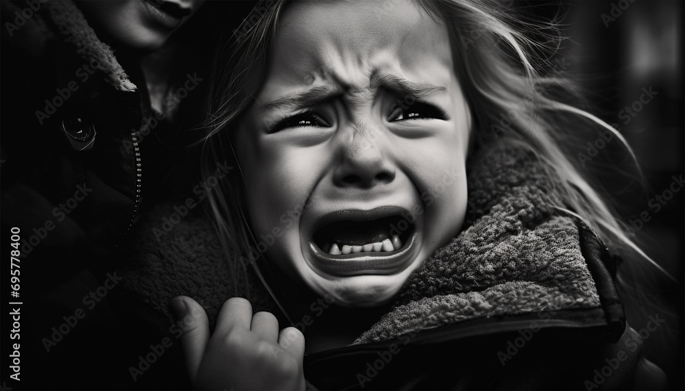 Cute child cries in the arms of her mother. Mother consoling her little ...