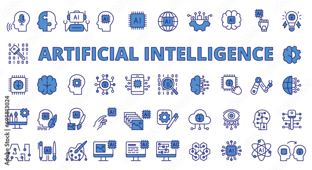 AI icons line design blue. Deep learning, artificial intelligence ...