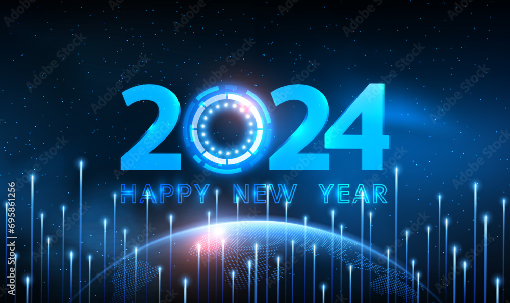2024 Year digital smart world futuristic technology concept. Blue ...