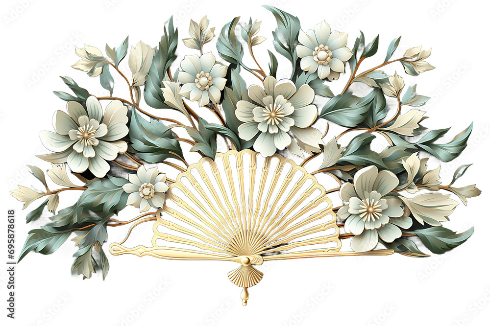 Watercolor illustration of a gray open paper fan with cherry blossoms ...