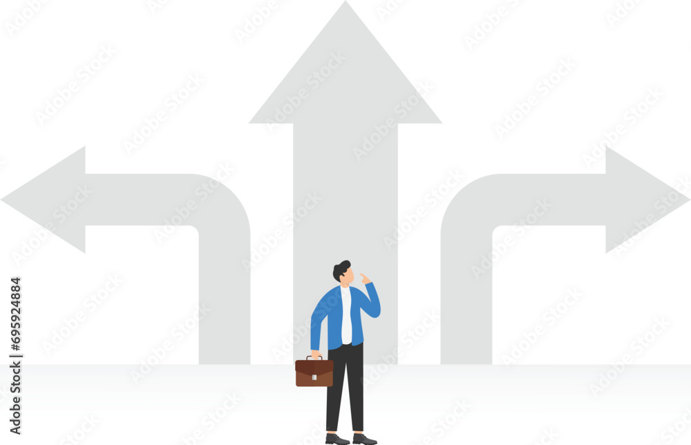 Choice and decision, businessman standing with arrows in three ...