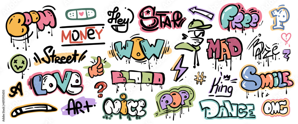 Urban street art and graffiti with slogans and letterings, emoticons ...